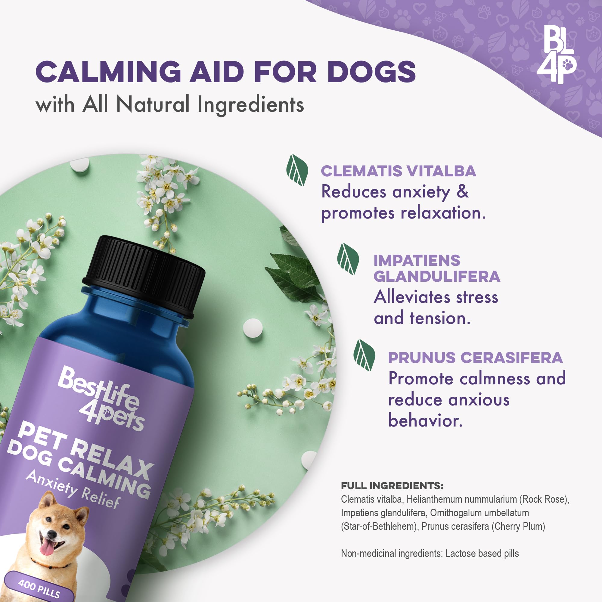 Pet Relax Dog Calming Anxiety Relief - Long-Lasting Dog Relaxants for Stress Relief, Natural Solution for Separation Anxiety, Travel, Thunderstorms, and Fireworks - 400 Odorless, Tasteless Pills
