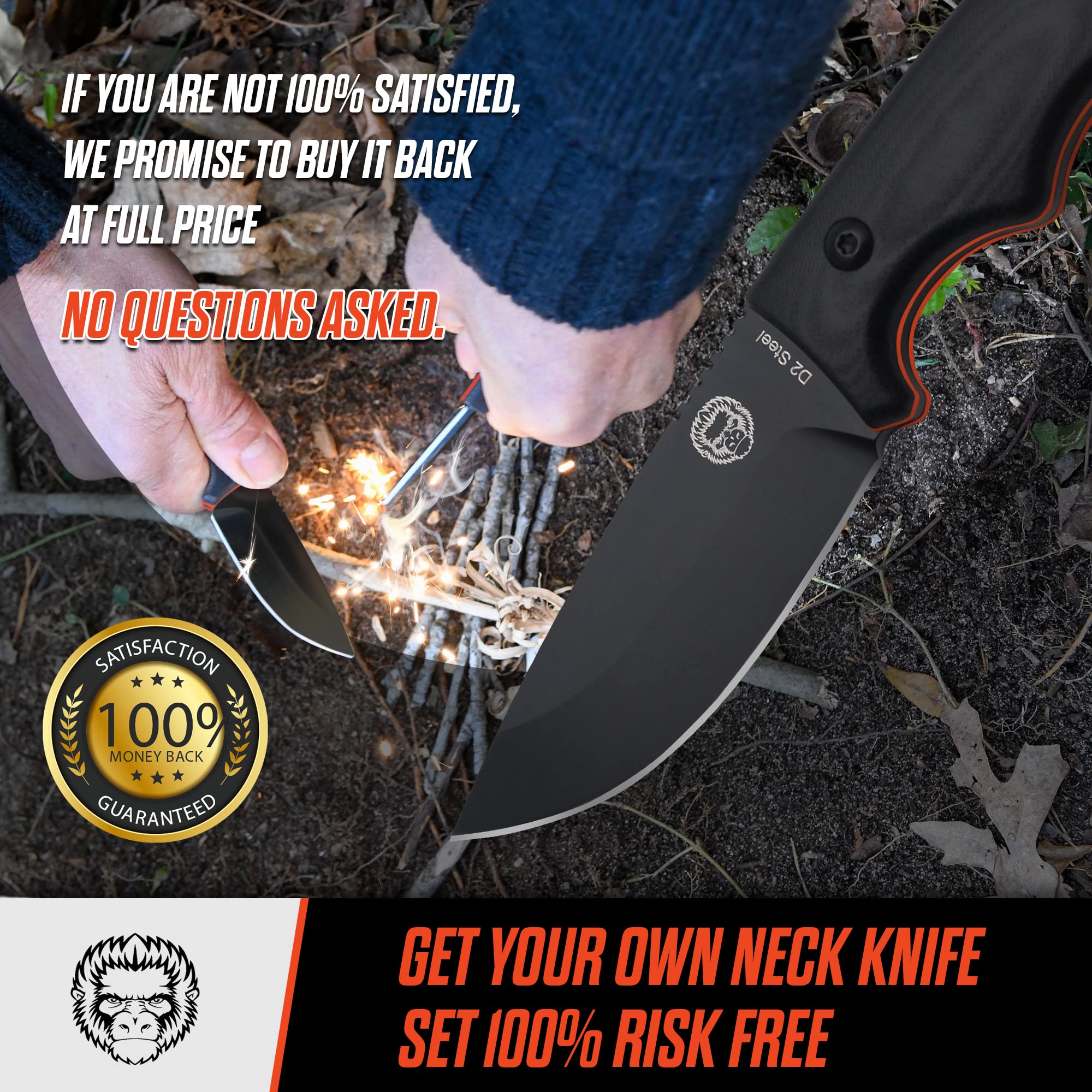 Large 1095 Bushcraft Knife Giftset and D2 Survival Neck Knife Bundle…