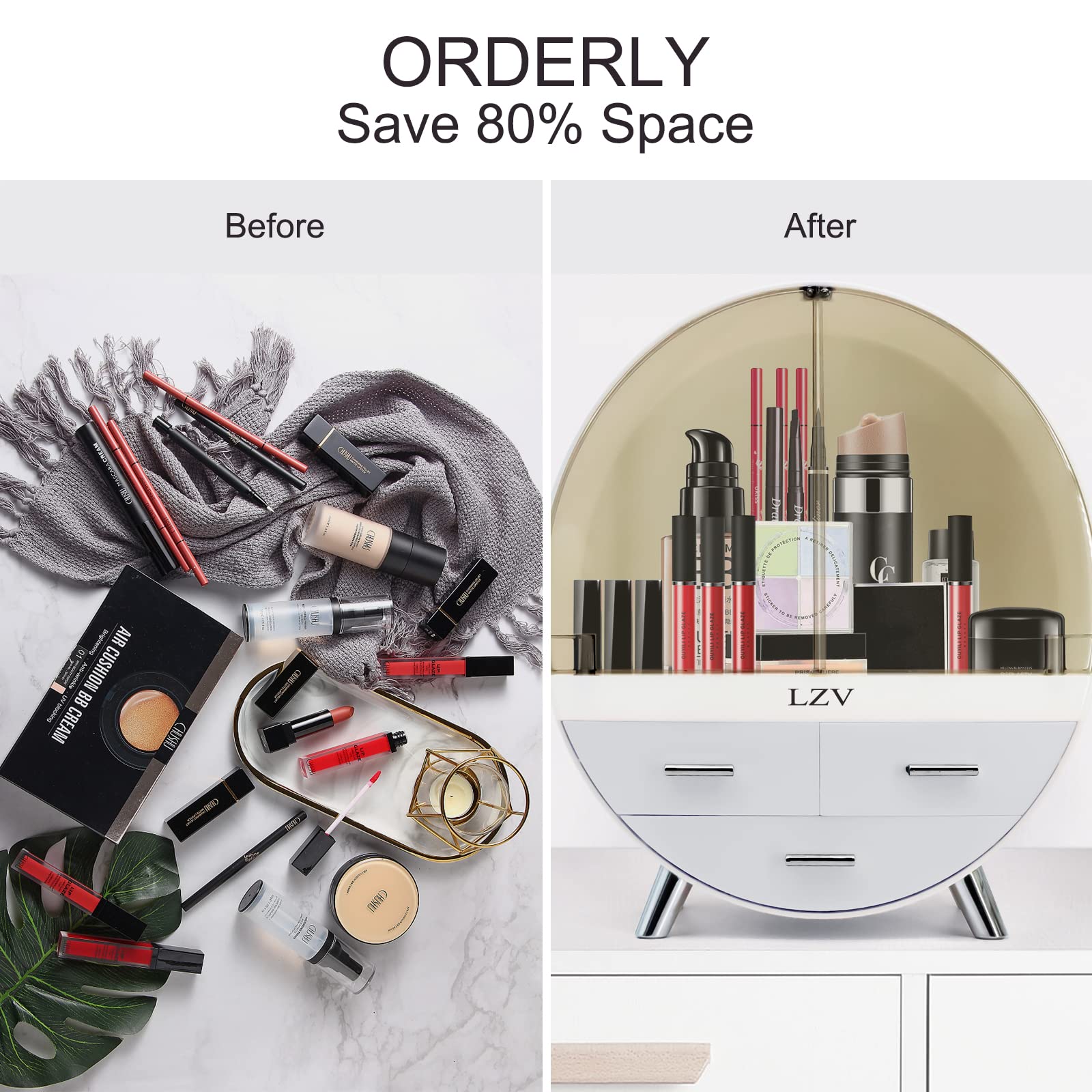 LZV Makeup Organizer, Makeup Storage Organizer with Drawers and Lipstick Holder, Dust Water Proof Make Up Organizers and Storage for Bedroom Vanity and Bathroom Countertop (Grey)