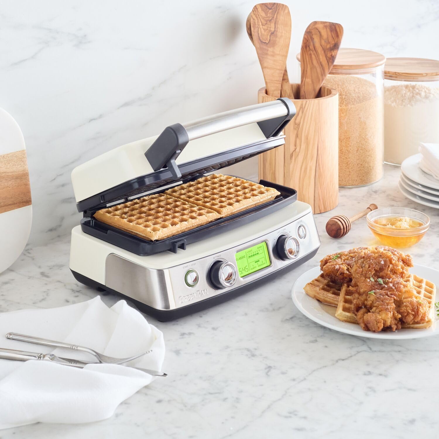 GreenPan Elite 2-Square Belgian & Classic Waffle Iron, Healthy Ceramic Nonstick Aluminum Dishwasher Safe Plates, Adjustable Shade/Crunch Control, Wont Overflow, Easy Cleanup Breakfast, PFAS-Free,White