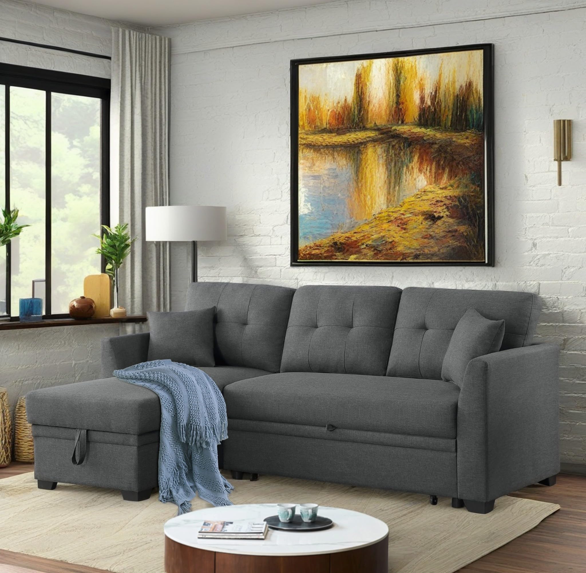 MODCART 81.5" L-Shape Convertible Sleeper Sectional Sofa, Pull Out Sofabed w/Storage Chaise, All-in-One Linen Upholstered Couch for Living Room Apartment