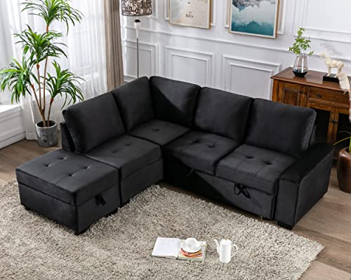 UBGO Sectional Modern L Shape Corner Convertible Sleeper Combination Sofa Bed Ottoman and Storage Hidden Arms Pull Out Sheet for Living Room Apartment, Black G
