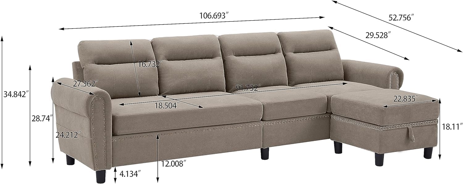 Soscana 112" Convertible Sectional Sofa Couch, 4 Seater L Shaped with Ottoman Reversible Chaise, Modern Microfiber Couches for Living Room, Light Grey