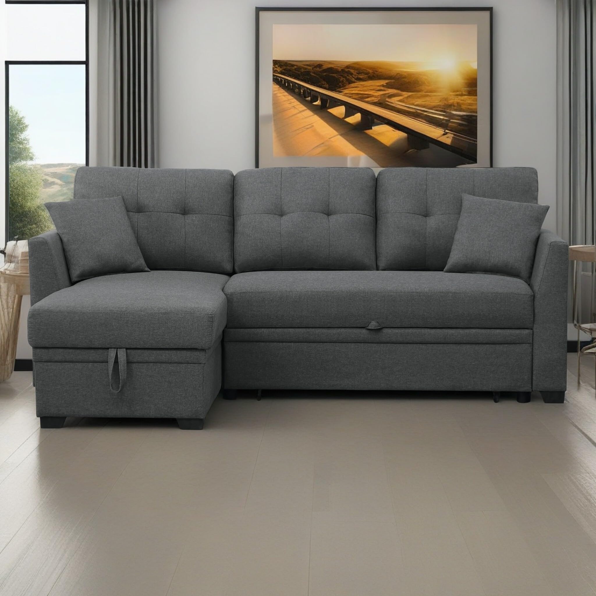MODCART 81.5" L Shaped Convertible Sectional Sofa with Storage Chaise and Pull Out Bed, Linen Upholstered Corner Couch w/Removable Back Cushions & 2 Pillows for Living Room, Office, Dark Grey