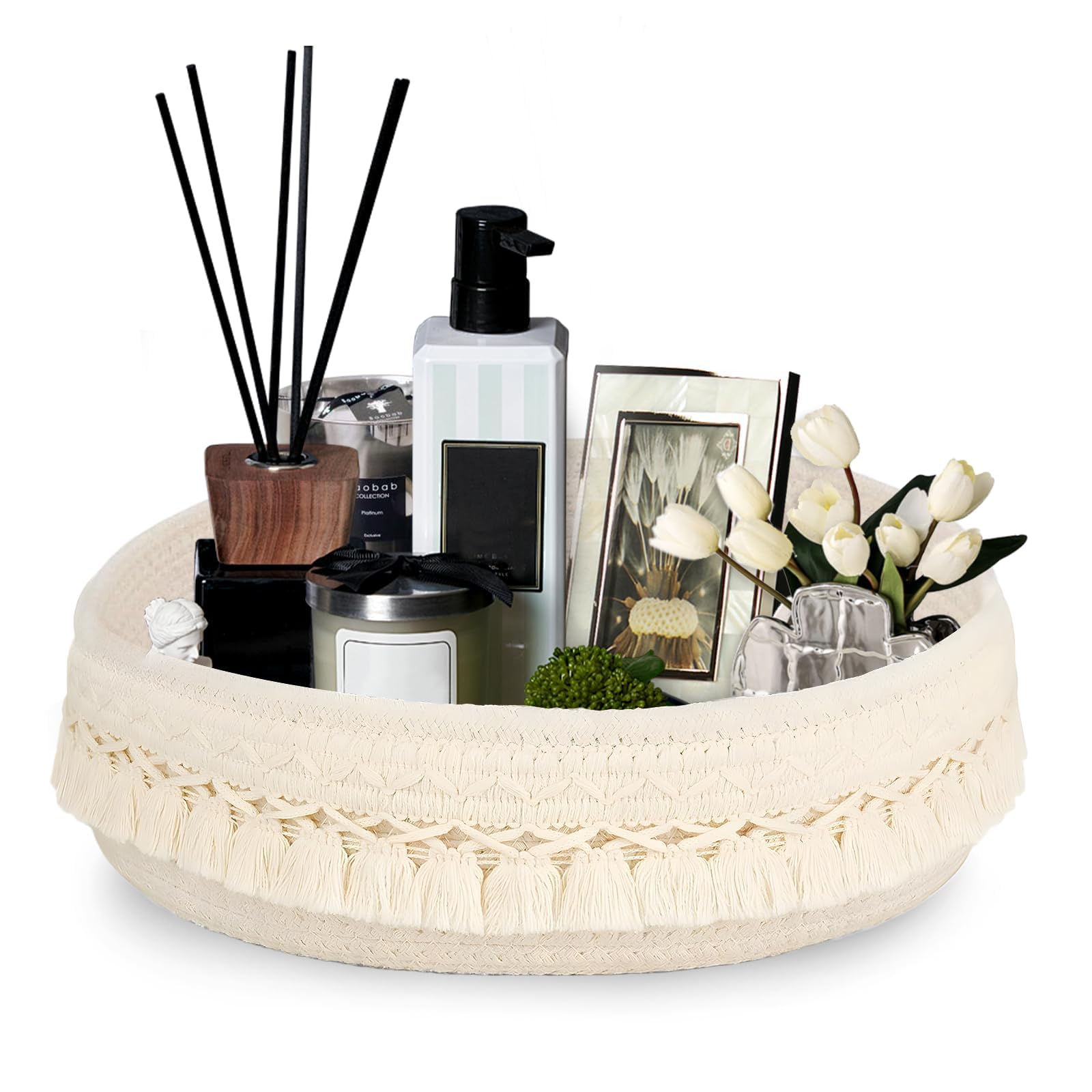 Makeup Perfume Holder Organizer Macrame Decorative Woven Rope Basket, Boho Decor Baskets for Organizing Small Storage Basket for Dresser Table Bedroom