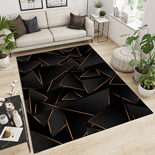 Modern European Style Black Gold Irregular Area Rug, Indoor Non-Slip Rug for Room Sofa Living Room Mat Bedroom Home Decor Floor Mats-5.3x8ft