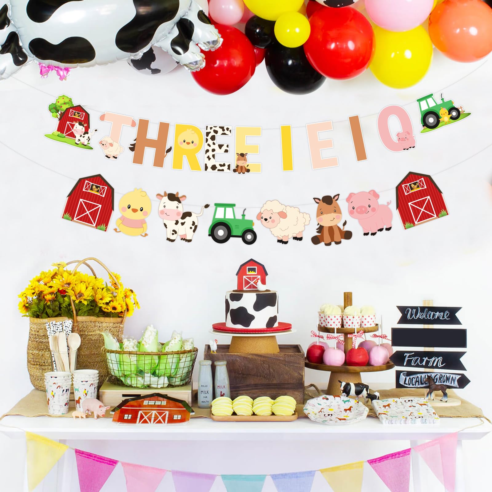Sursurprise Farm 3rd Birthday Decorations, THREE I E I O Farm Animals Banner for Barnyard Farm Birthday Party Supplies