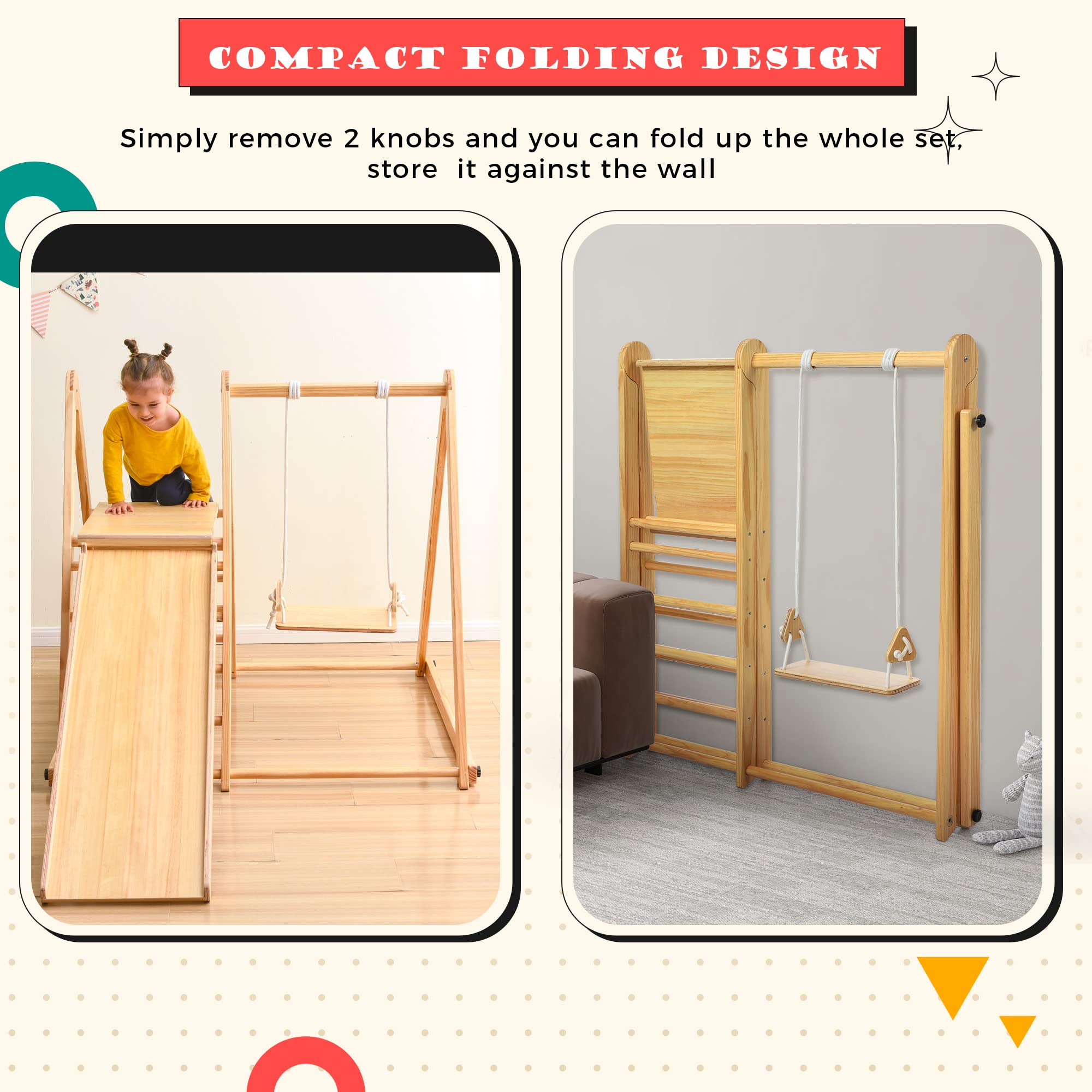 Merax 7-in-1 Swedish Ladder, Multifunctional Wall Bar for Kids, Indoor Climbing, Slide, Swing, for Toddlers 3+