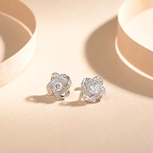 FANCIME White Gold Plated Real Sterling Silver Hypoallergenic Stunning Cubic Zirconia CZs Big/Large Daith Flower Knot Studs Earrings For Women Wedding Bridal,Size 12mm