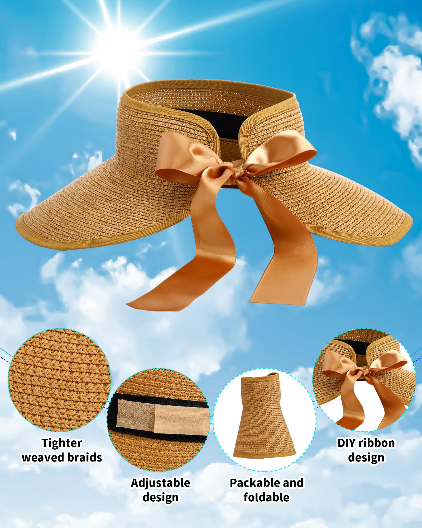 JaGely 3 Pieces Foldable Straw Sun Visors Hats Wide Brim Ponytail Summer Beach Hat Sun Protection Wide Brim Sun Hats Adjustable Beach Hat for Women