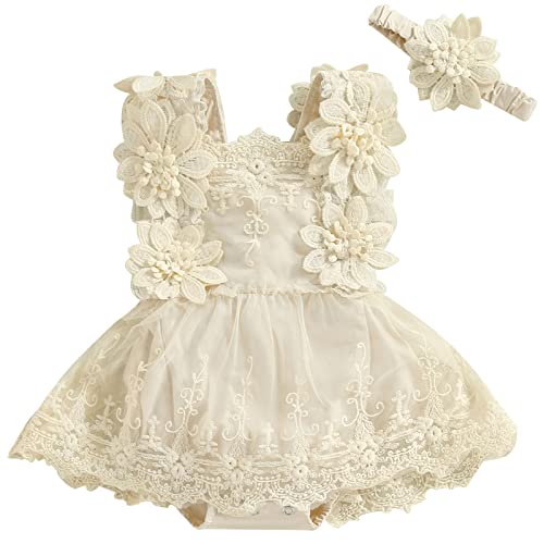 Mubineo Baby Girl Summer Clothes Lace Romper Skirt Dress Princess Outfits Sleeveless Flower Newborn Outfit (Beige, 12-18 Months)