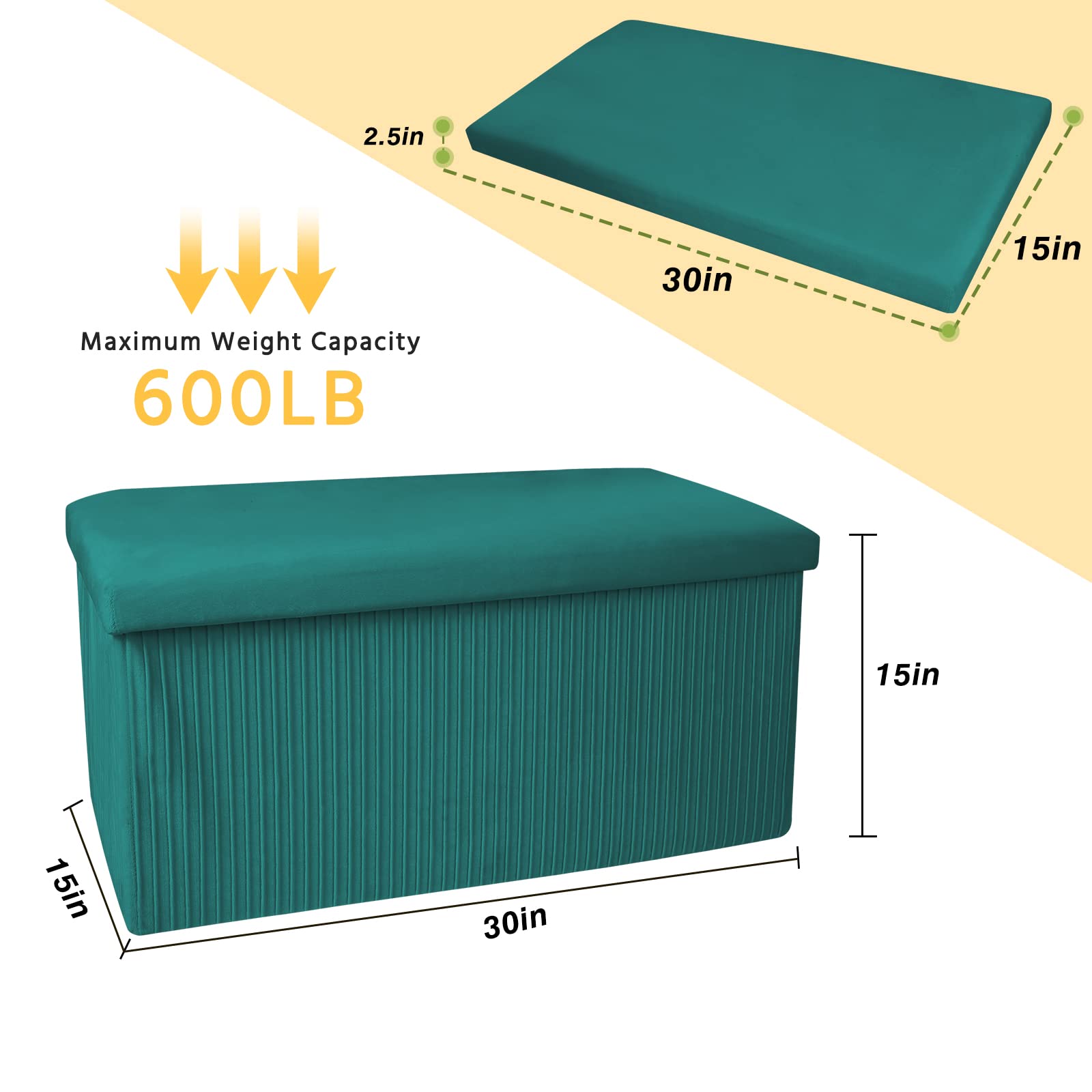 ECOMEX Folding Storage Ottoman Bench, 30 Inches Storage Bench with Padded Seat Foldable Bench with Storage Velvet Storage Bench for Bedroom Living Room,Grey