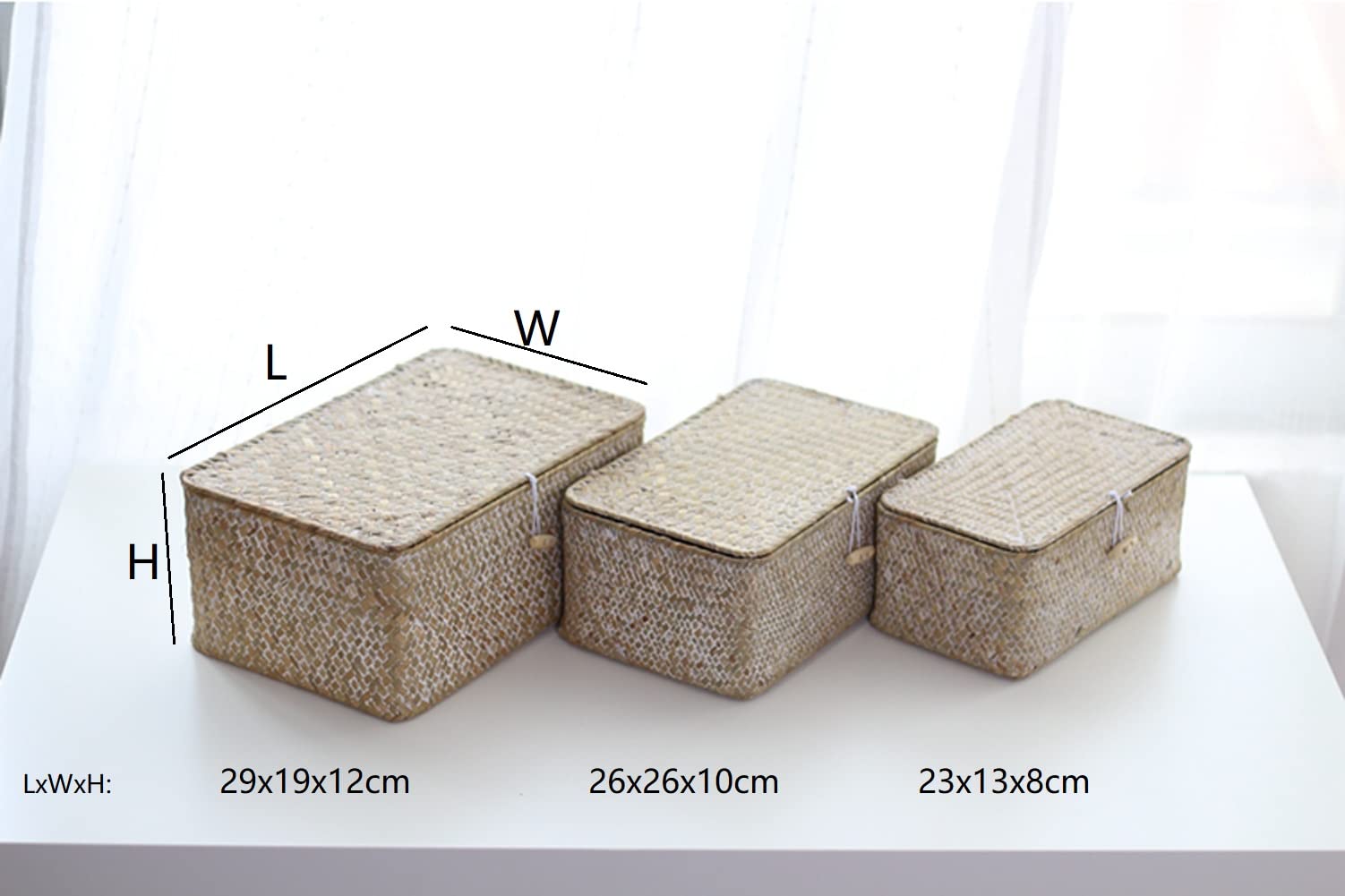 HAPYFURN Seagrass Handmade Woven Storage Basket with Lid Rectangular Natural Rattan Box for Toys Clothes Books Keys Multifunctional Makeup Organizer Set of 3 Shelf Basket