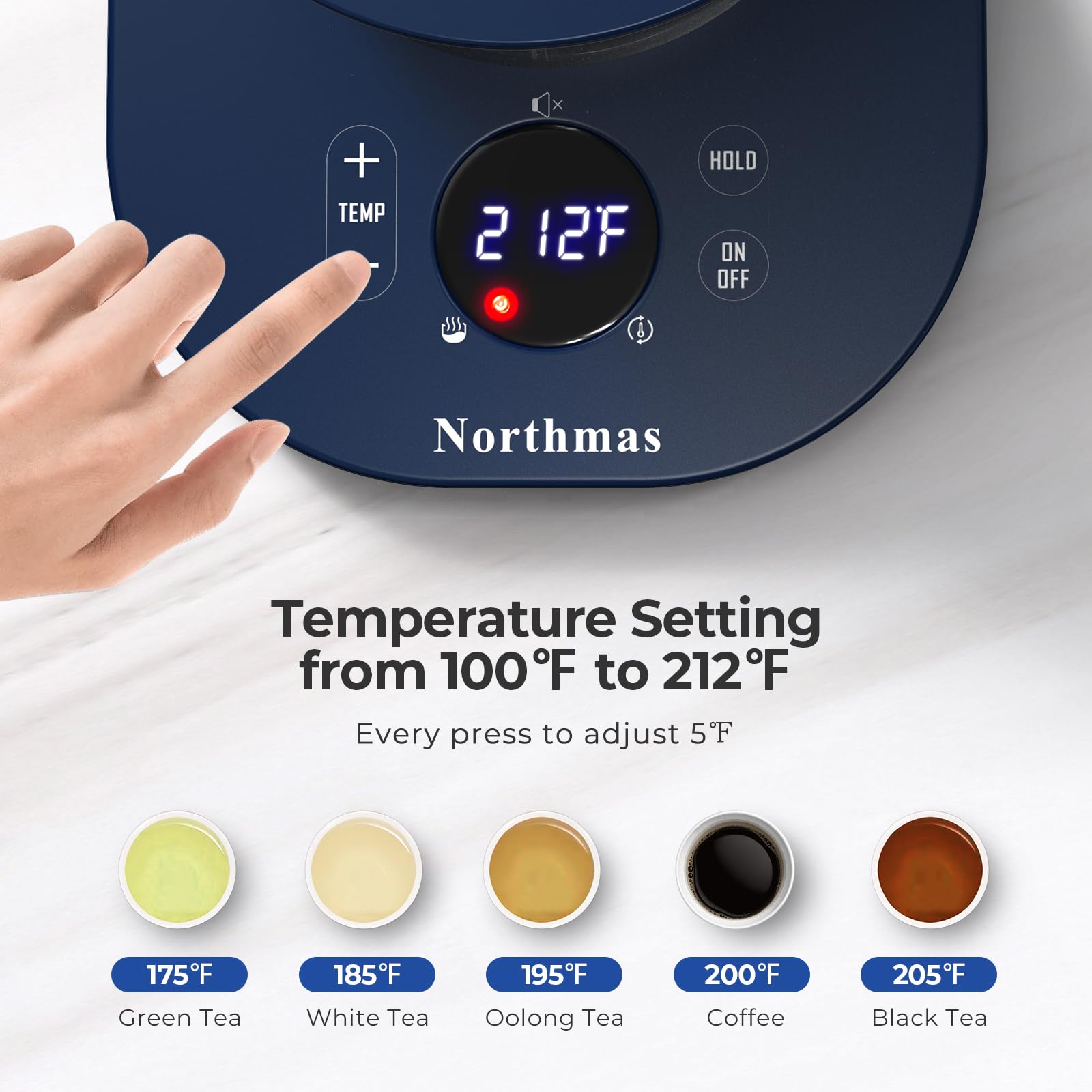 Northmas Electric Tea Kettle,Glass Kettle Electric Temperature Control with Infuser, Auto Shut-Off, Rapid Boiling 1200W, Boil-Dry Protection, Keep Warming 6 Hours, Wide Opening Easy Clean, 1.4L, Blue