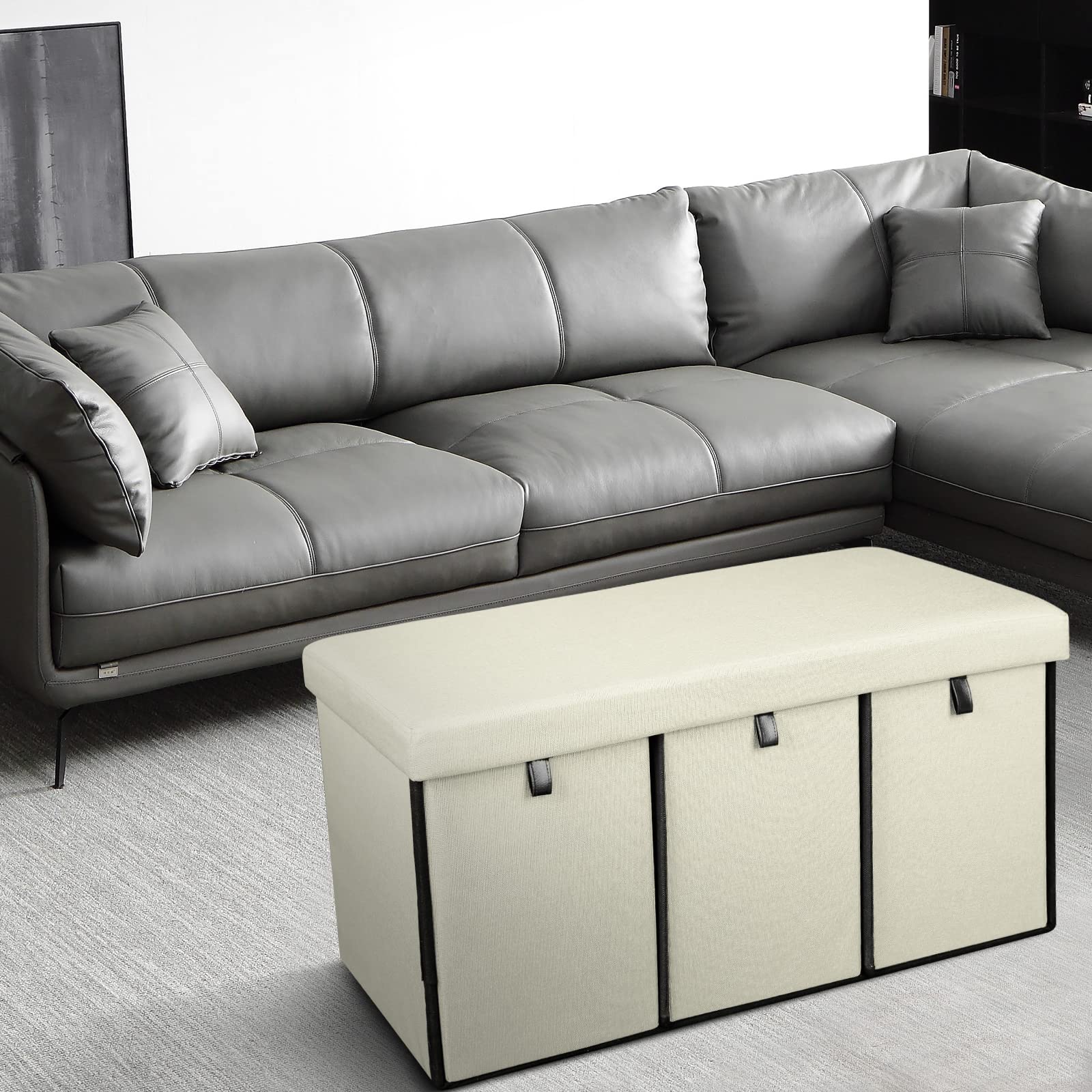 ECOMEX Storage Ottoman with Drawers, Folding Storage Ottoman Bench with Foam Padded Seat, Storage Bench and Faux Leather Ottoman Foot Rest for Bedroom and Hallway Support 600LBS Beige
