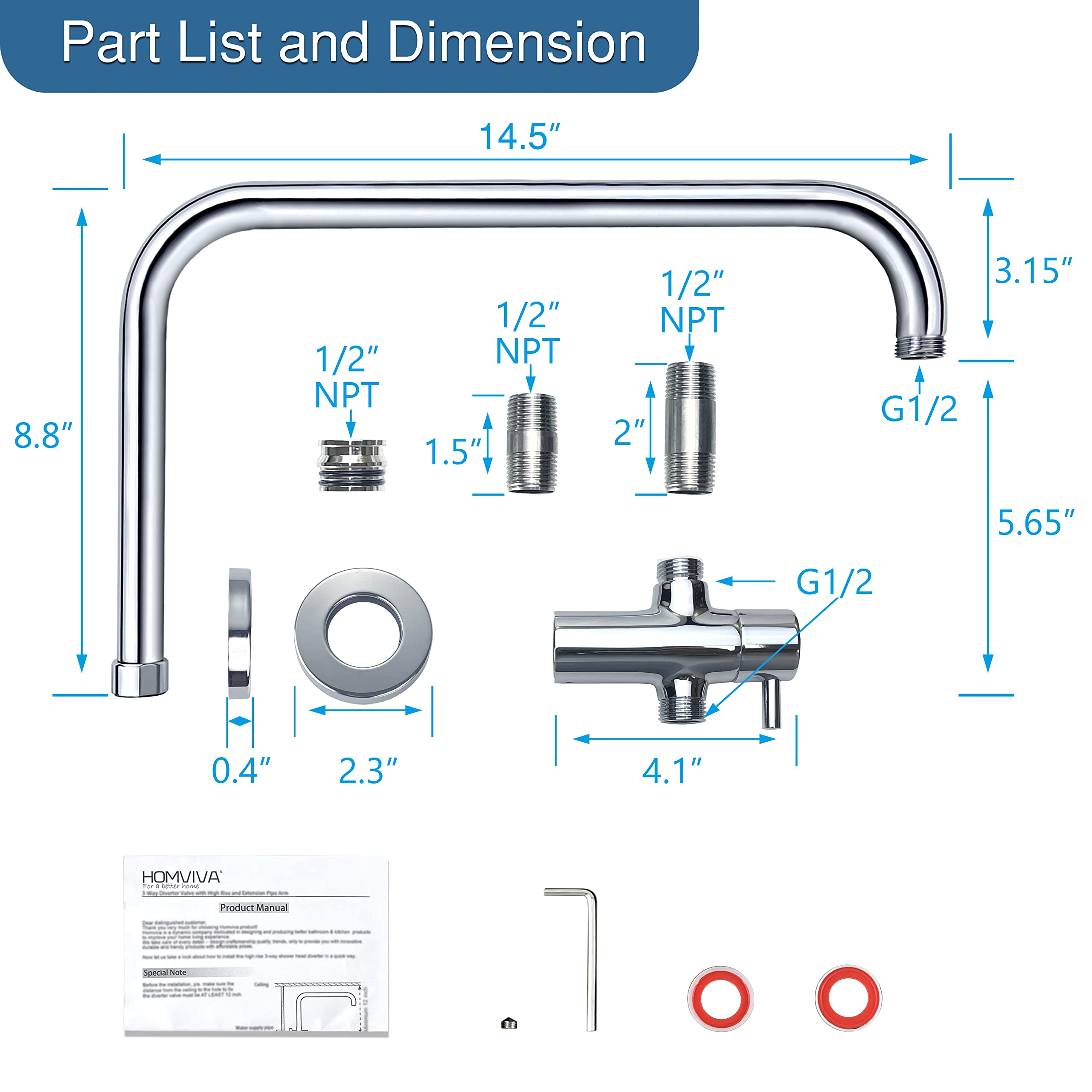 HOMVIVA® All Solid Metal 3-Way Shower Arm Diverter Valve with 16 Inch Shower Head Extension Arm And High Rise Extender for Handheld and Fixed Shower Head, G1/2 Universal with Flange,Brushed Nickel