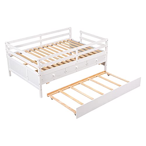 ODC Low Loft Bed with Trundle Bed and 3 Storage Drawers, Multifunctional Full Size Loft Bed with Climbing Ladder, Solid Wood Bed Frame with Full Safety Fence for Kids Boys Girls
