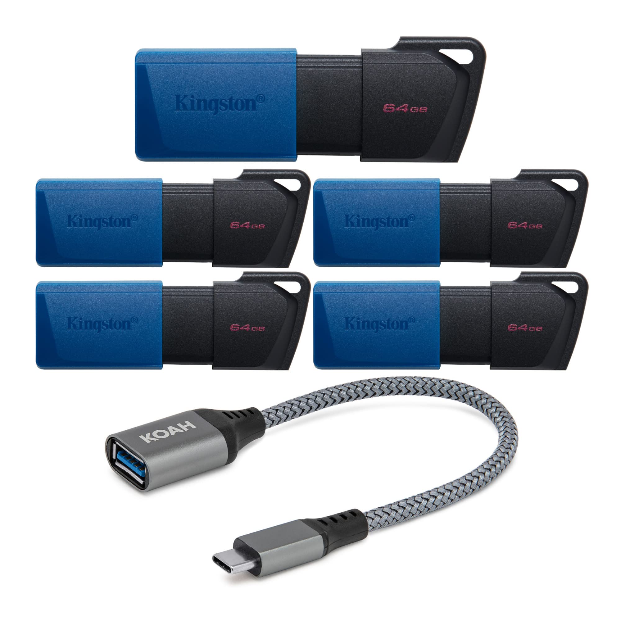 Kingston DataTraveler Exodia M 64GB USB 3.2 Flash Drive (5-Pack) Bundle with USB 3.0 to USB-C Adapter (11 Items)