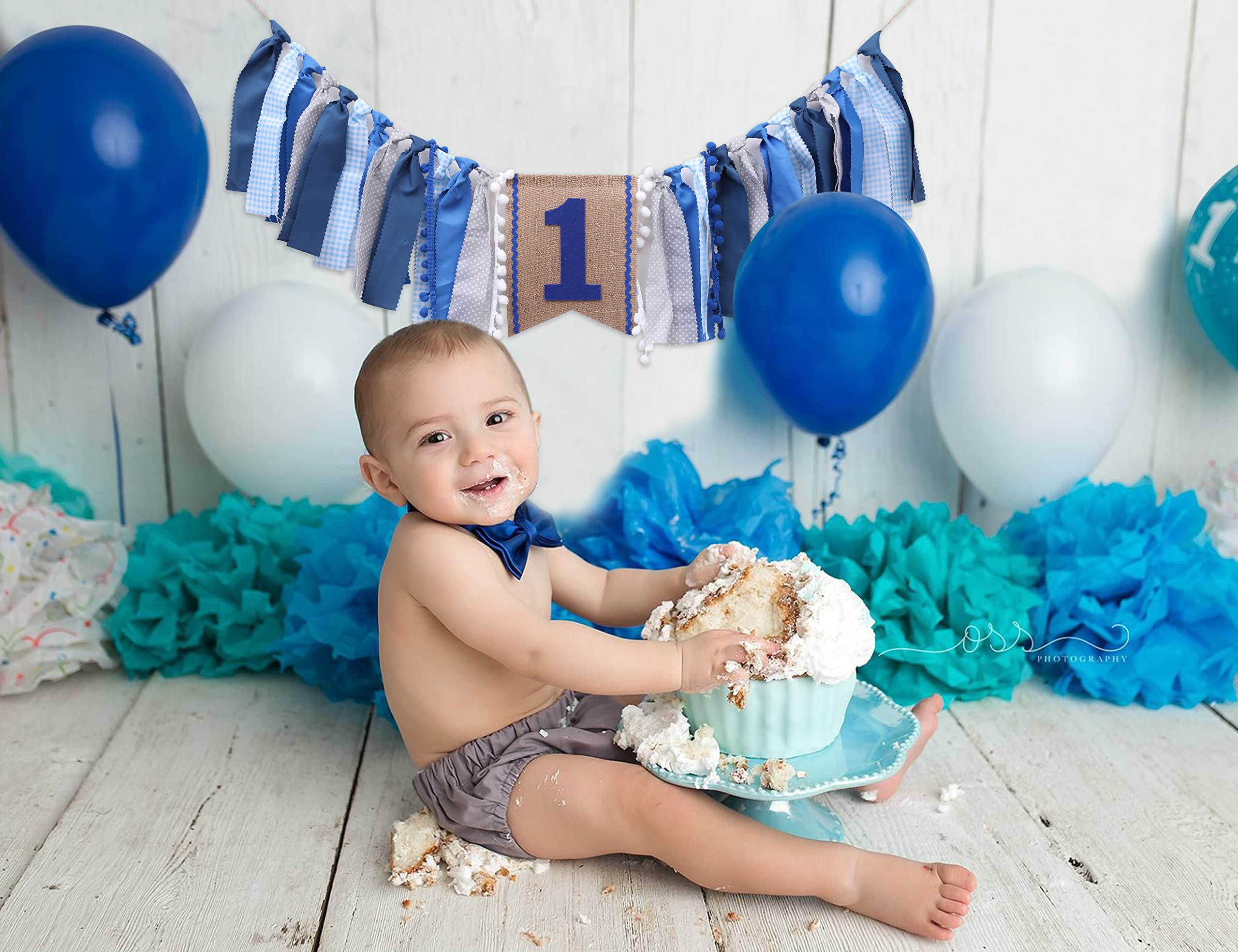 High Chair Banner Boy - First Birthday Decorations For Boy 1st Birthday Banner Highchair Party Supplies Photo Booth Props(Blue White)