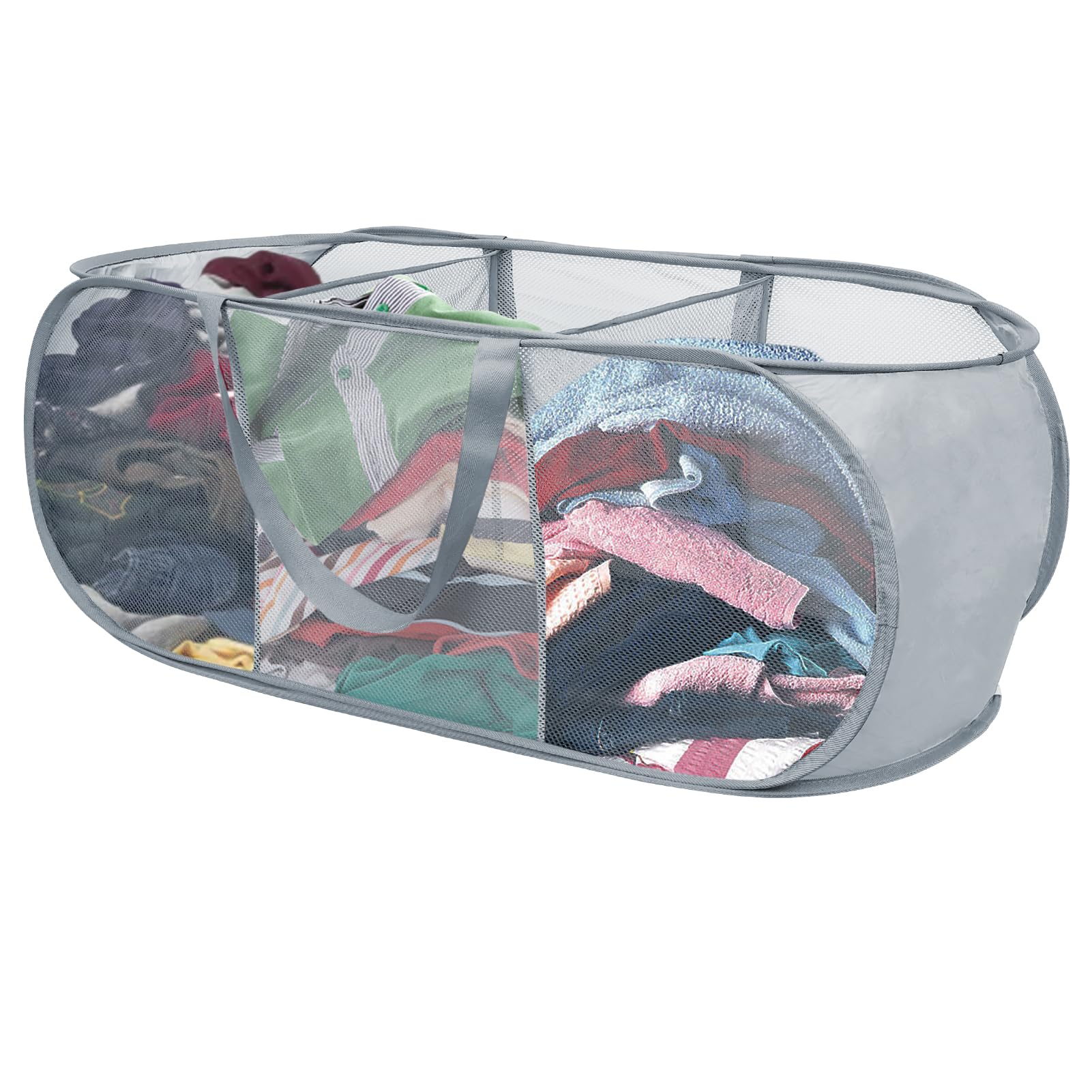 Simfree Laundry Baskets - Collapsible Laundry Baskets Popup Laundry Hamper, Pop-Up Mesh Laundry Hampers with 3 Compartments & Handles for Laundry, Bathroom, Kids Room, Dorm, Travel or Camping- Grey