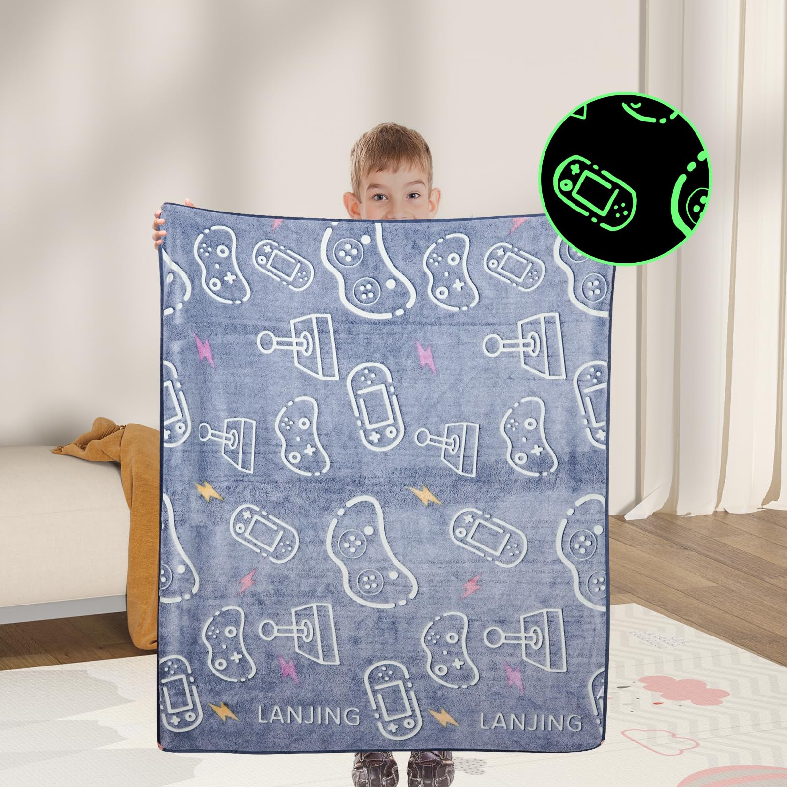 LANJING Glow in The Dark Blanket for Boys, Game Controller Throw Blanket 50"×60" Bed Blanket Couch Blanket for Kids, Outdoor Travel Throw Blanket