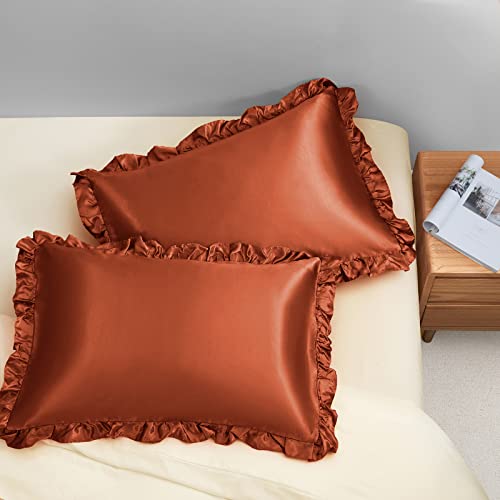 SiinvdaBZX Ruffled Queen Satin Pillowcase Set of 2, Burnt Orange Silky Satin Pillow Cases for Women Ruffle Pillow Shams Covers Princess Room Decoration, with Envelope Closure