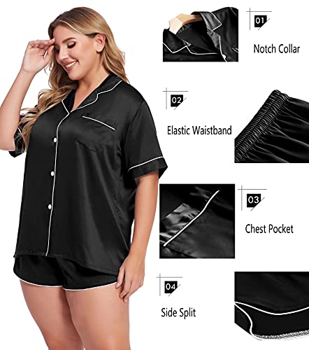SWOMOG Womens Satin Plus Size Pajamas Silk Button Down Shorts Set Pajama Shorts 2Pcs Short Sleeve Pjs Sets Loungewear Black