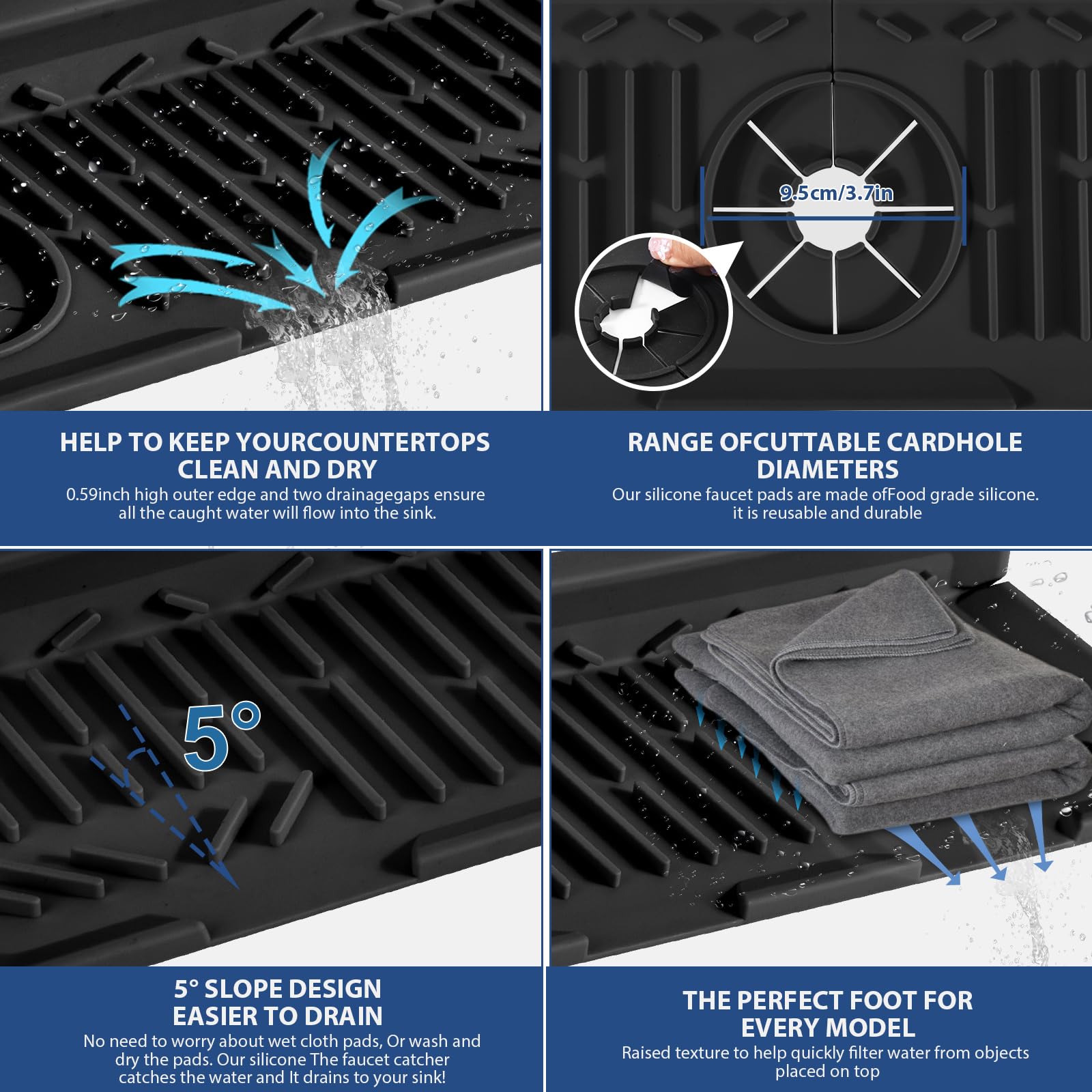 KEEGOP Kitchen Sink Splash Guard,Silicone Draining Mat for Kitchen Sink Protectors for Kitchen Must Haves, 5° Slope 4 Spouts & 90° Foldable Design for Easier Draining(Black 23.6"x 6.3")