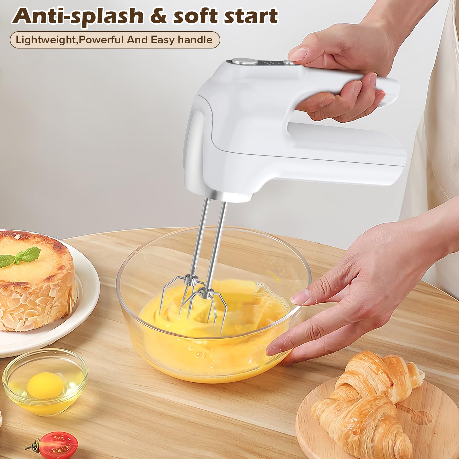 Simivon Rechargeable Hand Mixer - Portable Cordless Electric Mixer with One-Touch Ejector,2 Easy-to-Clean Stainless Steel Dough Hooks,2 Whisks for Easy Whipping, Stirring,Mixing,3 Speed,Pearl White