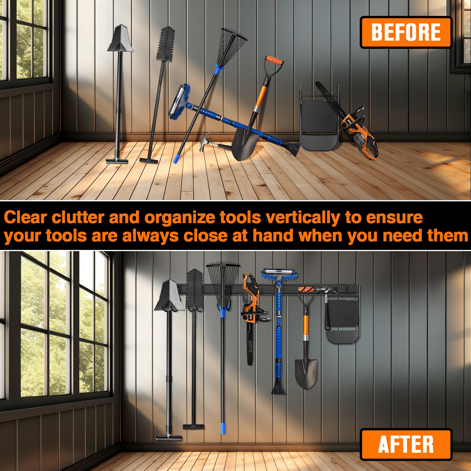 Tool Storage Rack - Garage Tool Organizer Wall Mount, 13Pcs Heavy Duty Garden Tool Organizer with 4 Rails & 9 Hooks for Garage Garden Shed Yard, 64in Adjustable Garage Storage Rack, Max Load 600 Lb