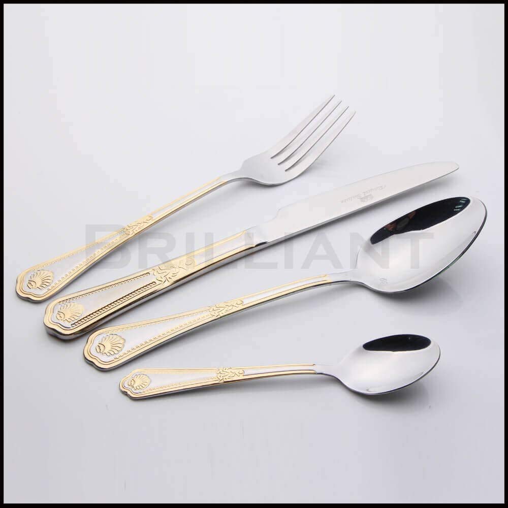 Venezia Collection "Seashell" Flatware Set 20-Piece Service for 4, 18/10 Stainless Steel Silverware Cutlery, 24K Gold Plated Trim