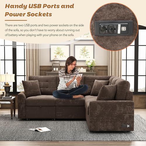 WOODRK 82.6" L-Shaped Sleeper Sofa Bed with Pull-Out Beds, Modern Convertible Couch with Wheels, USB Charging Ports, Power Sockets and 3 Pillows, for Living Room, Office, Brown