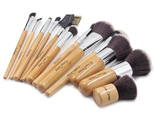 EmaxDesign 12 Pieces Makeup Brush Set Professional Bamboo Handle Premium Synthetic Kabuki Foundation Blending Blush Concealer Eye Face Liquid Powder Cream Cosmetics Brushes Kit With Bag