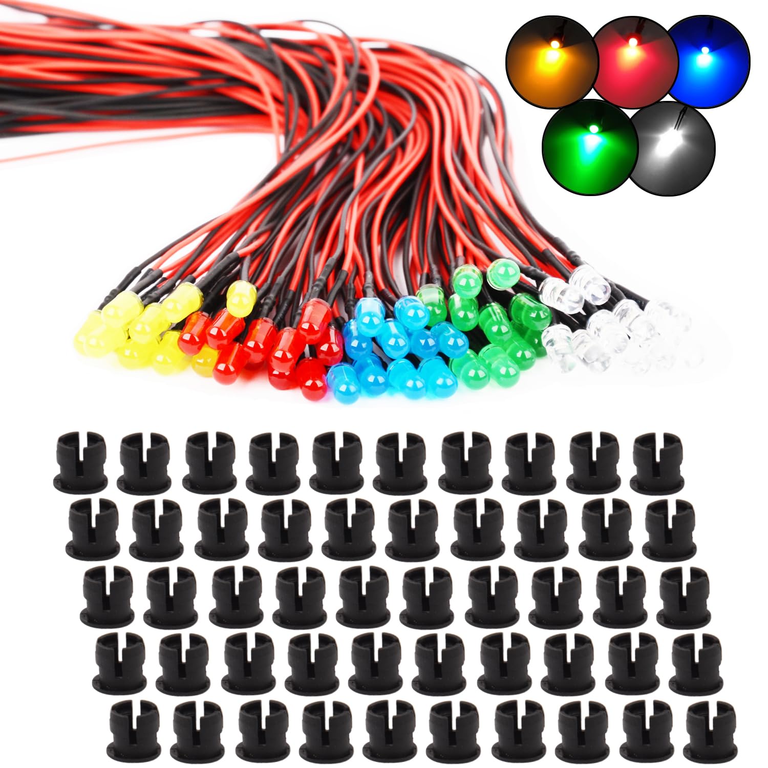 QUNQI STAR 50pcs 12V LED Lights Emitting Diodes, Pre Wired 7.9 Inch DC 12 Volt 5mm LED Assorted Kit for Circuit Science Experiment, DIY Lighting Projects(Mixcolors)