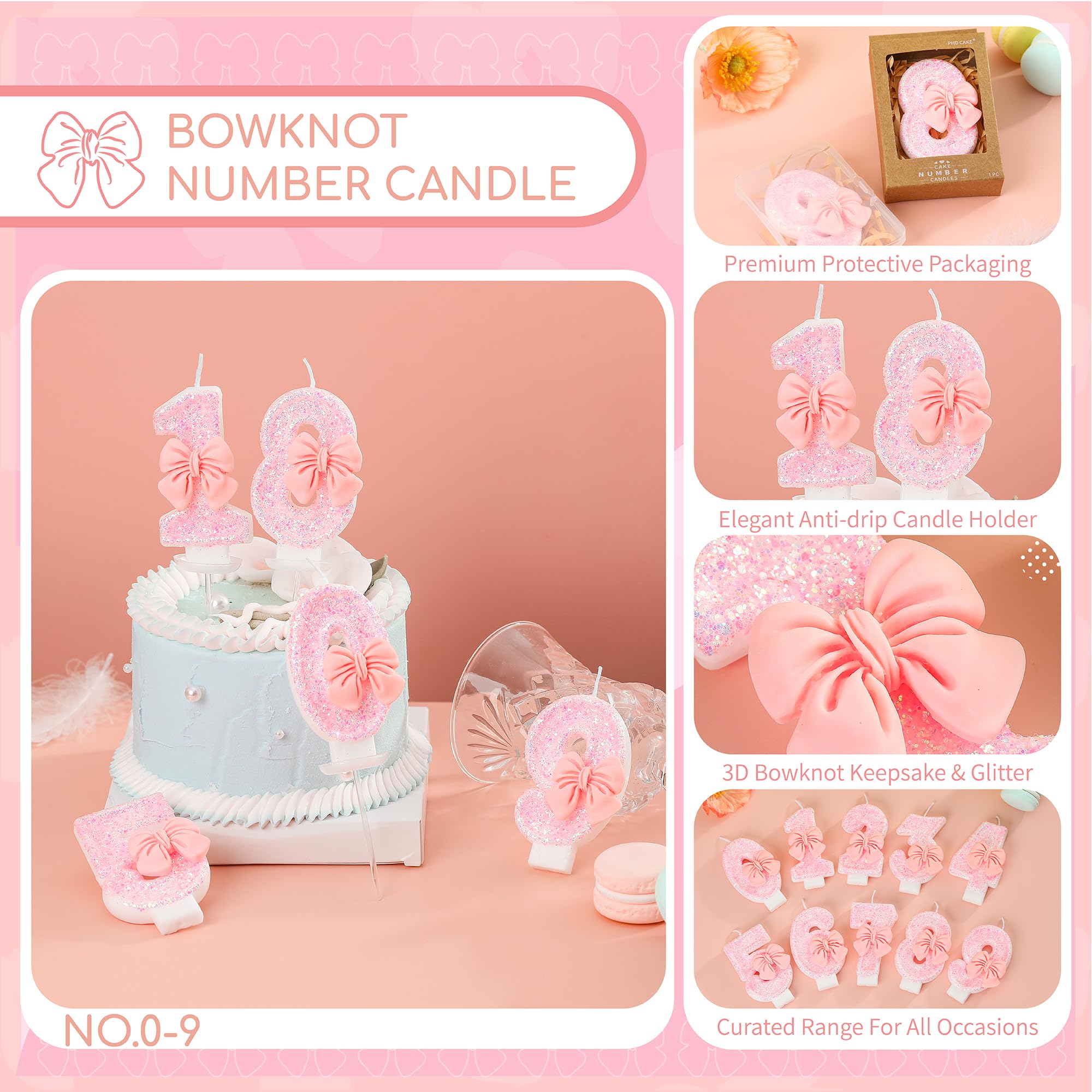 PHD CAKE 2.76 Inch Number 1 Pink Bowknot Birthday Candles, Cute Themed Number Candles, Party Celebration