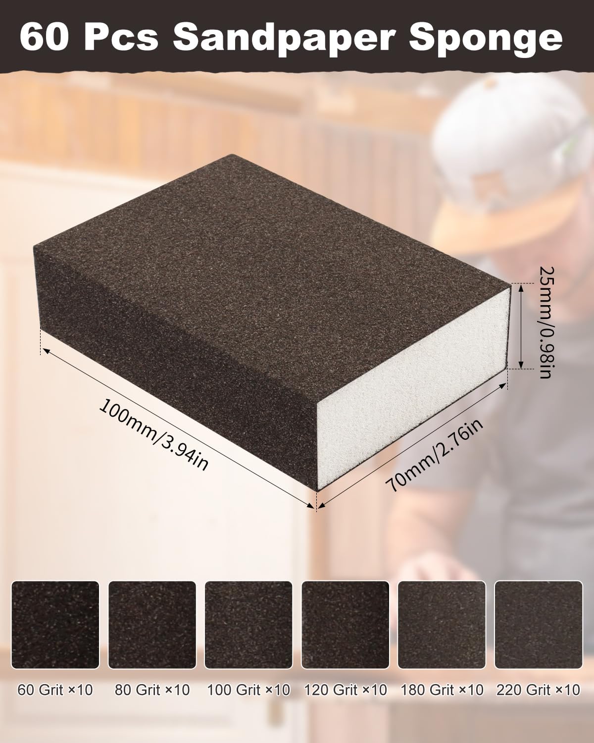 Rocaris 60 Pack Sanding Blocks, Washable and Reusable Sanding Sponge Fine Coarse for Wood and Drywall 60, 80, 100, 120, 180, 220 Grit