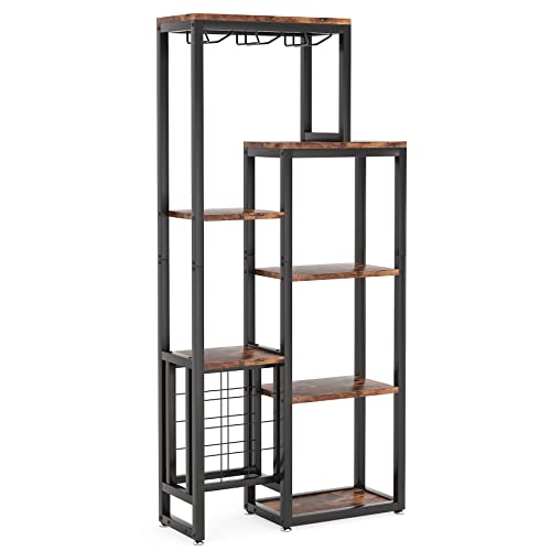 LITTLE TREE Wine Rack Freestanding Floor, 5-Tier Wine Baker Rack Wine Display Shelf with Glass Holder & Wine Storage for Bar, Kitchen, Dining Room, Rustic Brown