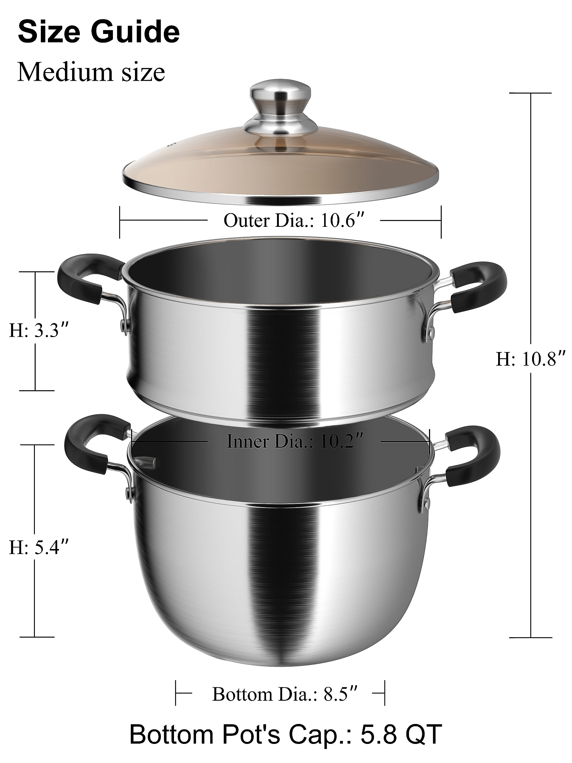 VENTION Small Vegetable Steamer 10.2 Inch, 5-Ply Thick Stainless Steel Steamer for Cooking, 5.8 QT Stove Top Steamer Pot, Steam Pot