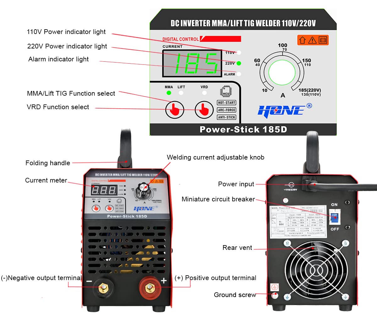 HONE ARC Welder, Actual 185Amp 110V/220V Stick Welder with Lift Tig Function, Digital IGBT Inverter Welding Machine with Hot Start Arc Force Anti-Stick VRD, High Duty Cycle for 1/16"-5/32" Welding Rod