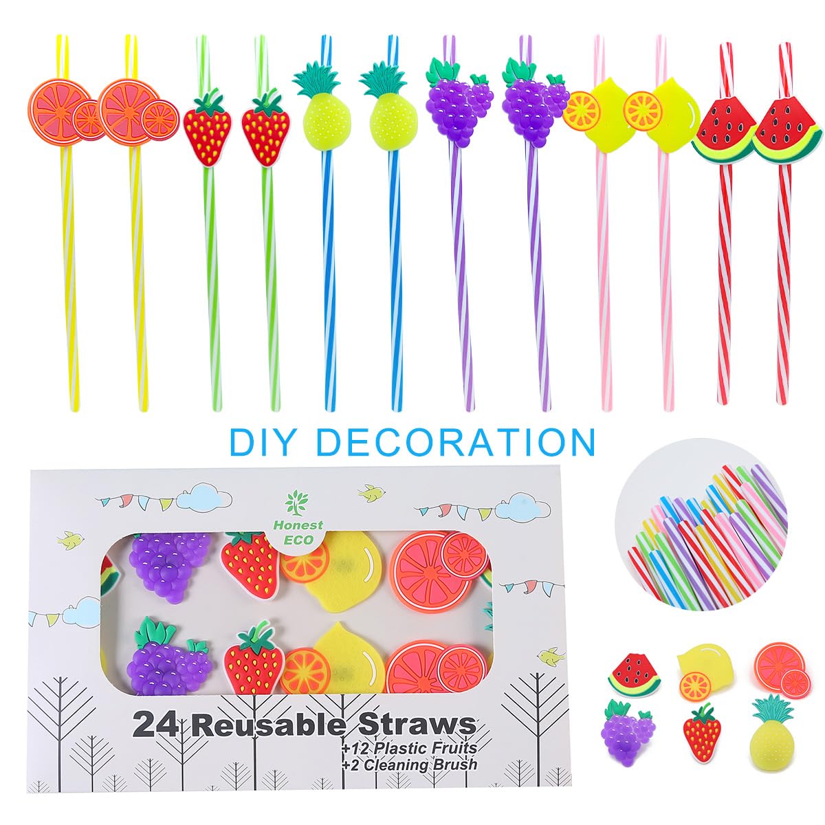 Honest ECO Replacement Disposable Plastic straws for Kids Party DIY Decoration Daily Drinking Straws (24 straws+12 plastic fruits+2 cleaning brush)