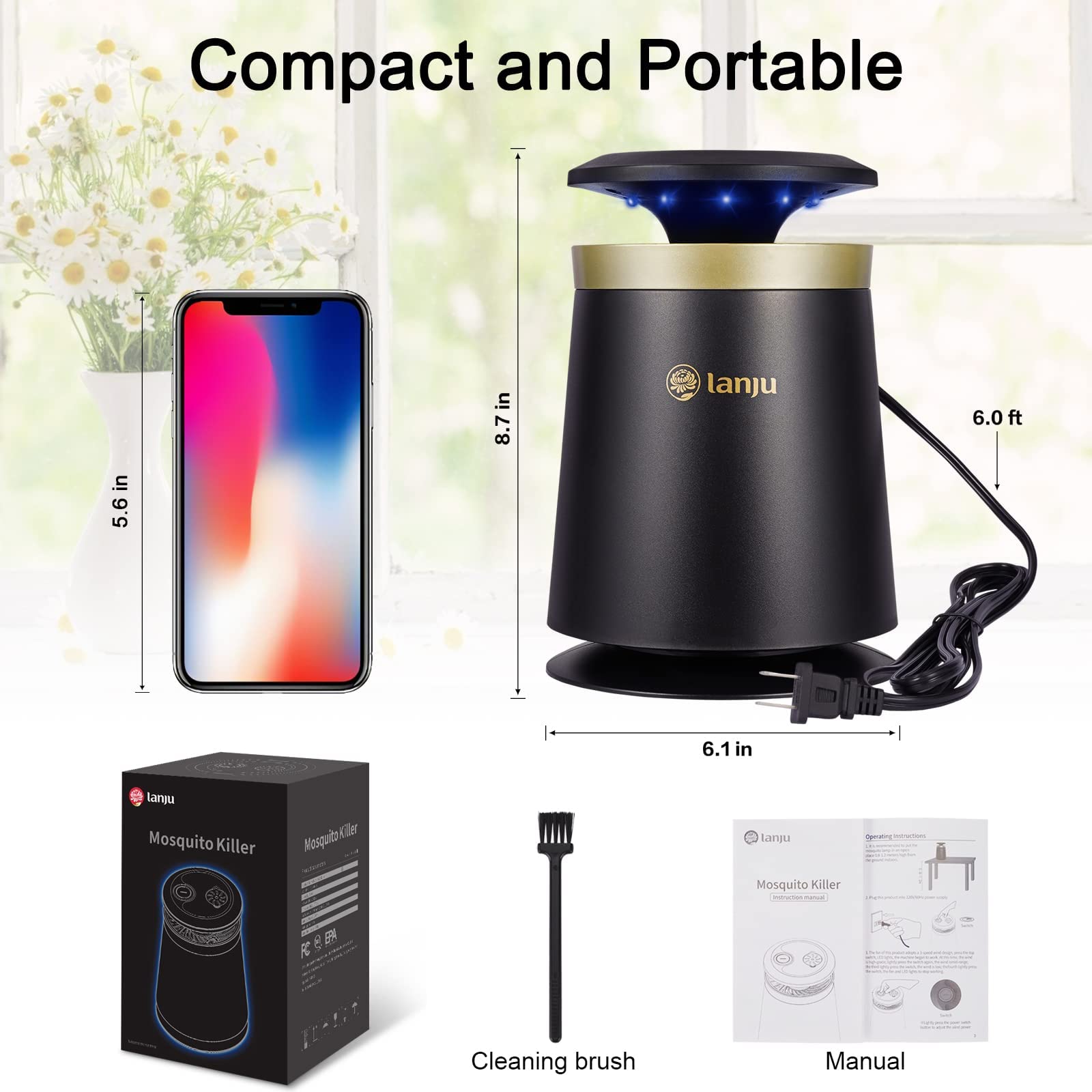 lanju Fly Traps for Indoors, Non-Zapper Mosquito Catcher Gnat Moth Fruit Flies Insect Trap with Strong Suction, Quiet Odorless Air Drying Home Mosquito Killer Bug Trap(Black-Round)
