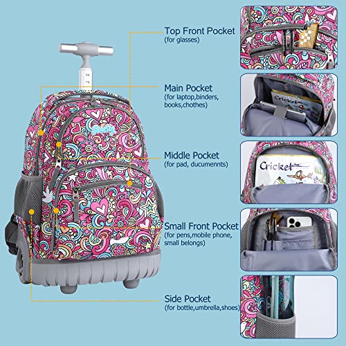 seastig Rolling Backpack 16 inch Wheeled Backpack with Lunch Bag & Pencil Case Roller Backpack Set Carry-on Bag School Travel
