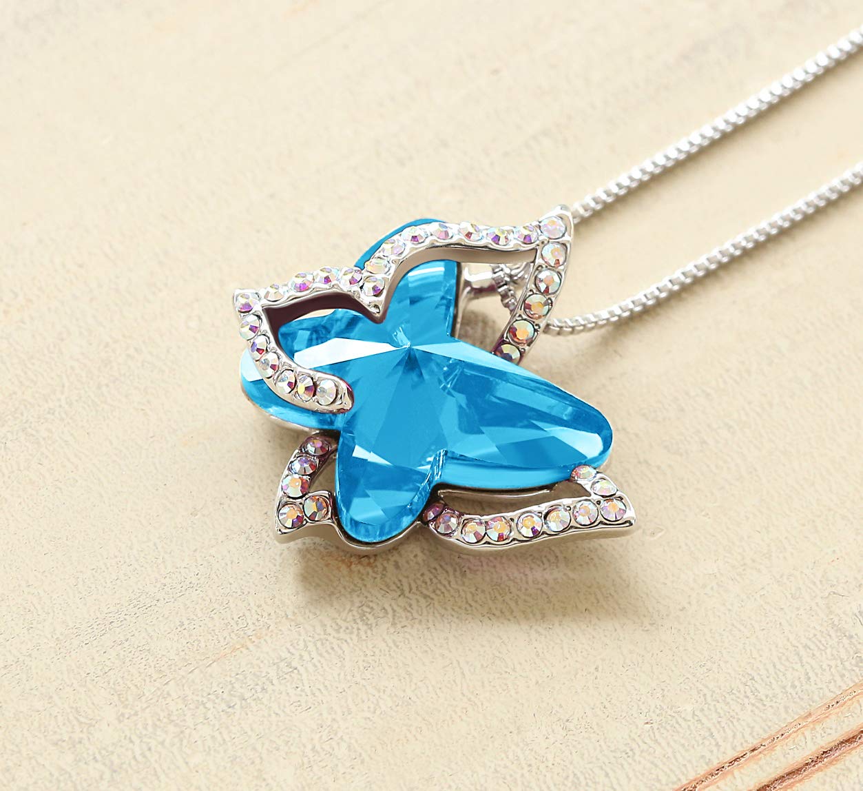 GEMMANCE Butterfly Crystal Necklace with Aquamarine Blue Birthstone for March and December, Silver-Tone, 18β+2β Chain