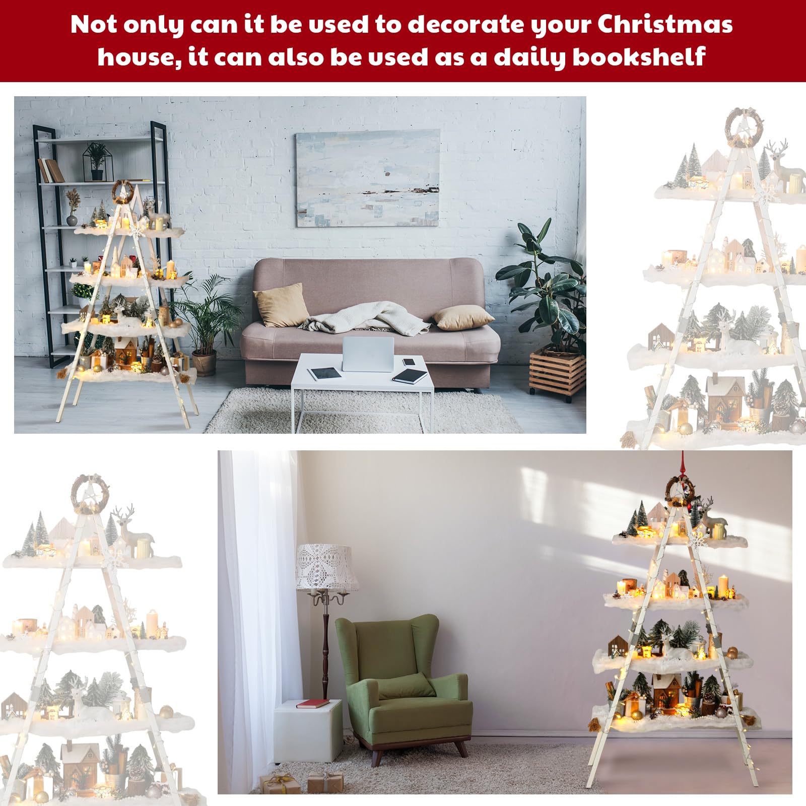 Quzzil Christmas Village Display Shelves 4 Tier Ladder Bookshelf A Shaped Bookcase with Artificial Snow Blanket Tall Wooden Ladder Shelf Storage Organizer for Living Room Home Office (White)