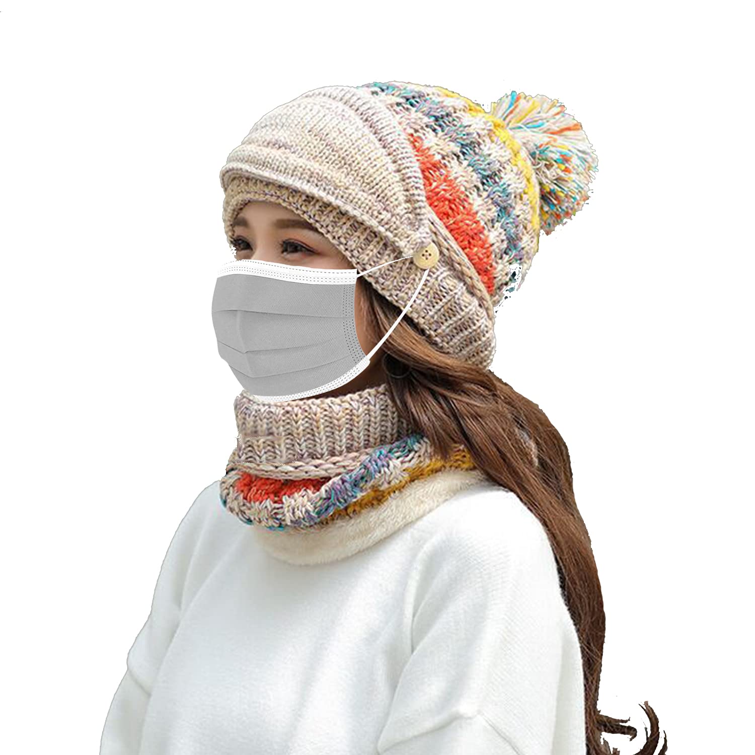 Fleece Lined Winter Hats for Women Knit Beanie Hat Scarf Mask Set Warm Soft Slouchy Skull Cap with Pom Pom… Beige