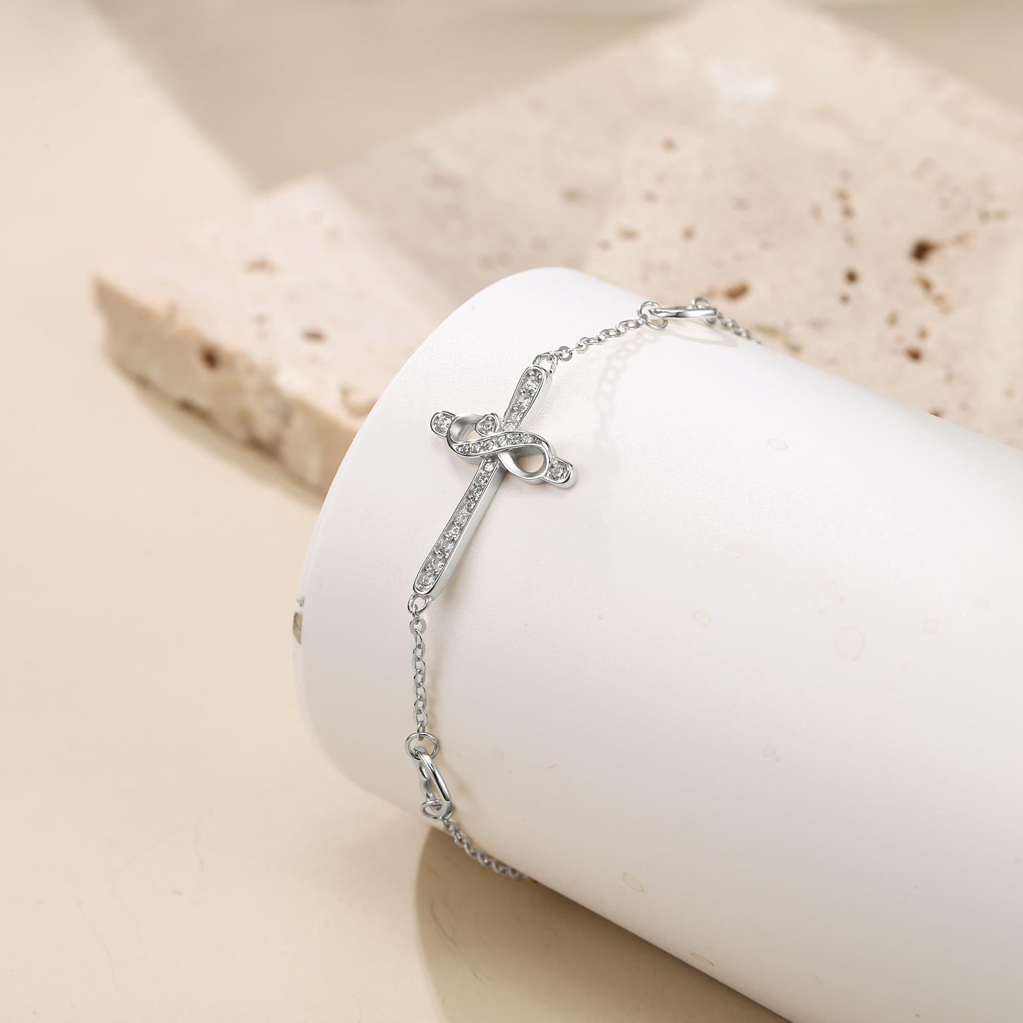 FANZE Cross Bracelet for Women 925 Sterling Silver Cubic Zirconia Good Lucky Infinity Love Heart Adjustable Link Bracelet Gift for Mother Firend