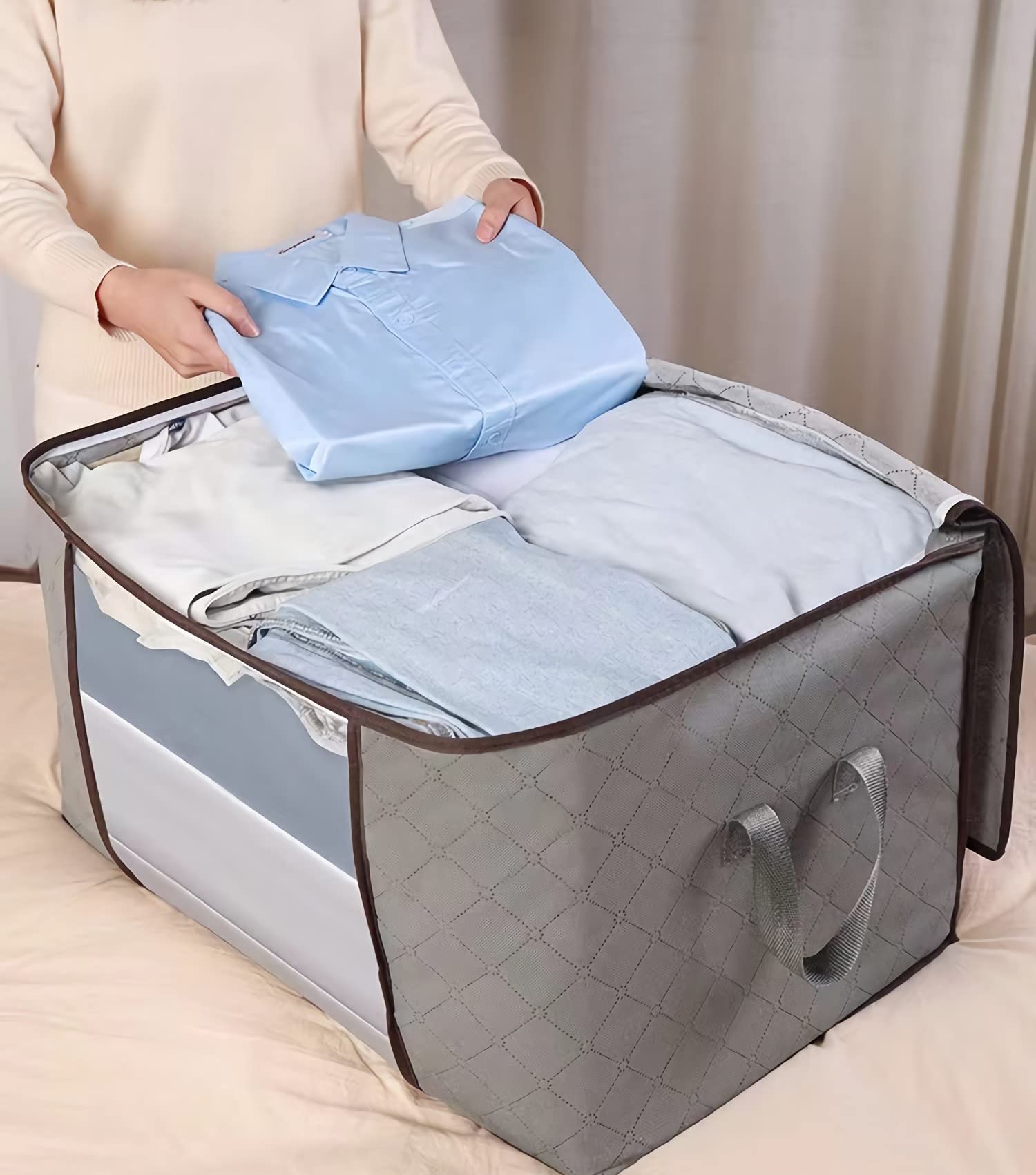 SGHUO 4 Pack Blanket Storage Bags with Zipper, Foldable Comforter Bag, Large Organizers for Blankets, Pillow, Quilts, Linen, Containers Thick Fabric, Sturdy Grey, 90L