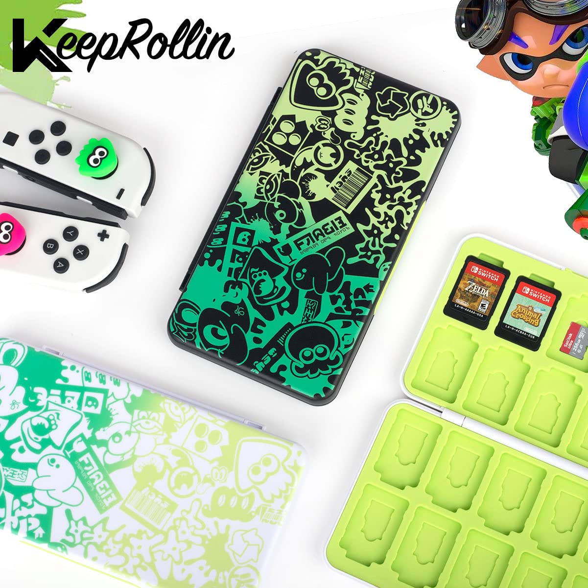 KeepRollin Compatible with Nintendo Switch Game Case,Switch Game Holder with 2 Thumb Grip Caps,24 Slots for Micro SD Cards,Soft Rubber Lining,Full Protection,Portable and Lightweight(Octopus Black)
