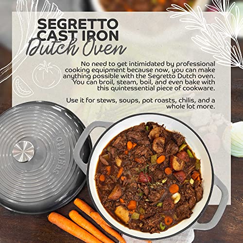 Segretto Cookware Enameled Oval Cast Iron Dutch Oven with Handle, 7 Quarts, Bianco Perla (Pearl White), 7qt Dutch Oven Pot with Lid Cast Iron Enamel Dutch Oven for Bread Baking, Basting, Cooking, Soups