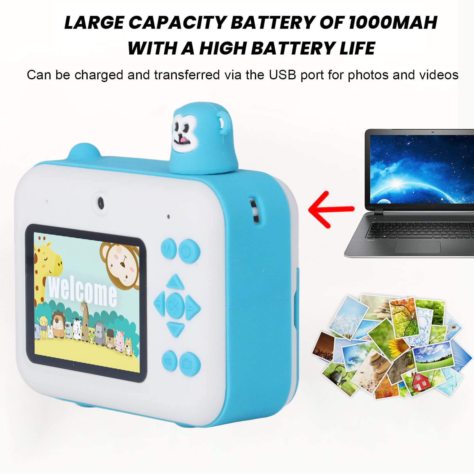 GLOGLOW Camera, HD 1080P Dual Lens 1000mAh Battery 2.4 Inch LCD Screen Kids Print Camera for Travel (Sky Blue)